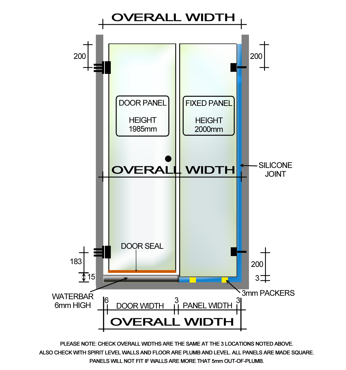 2 x Panel Inline Screen – Fixed Panel + Wall Hung Door