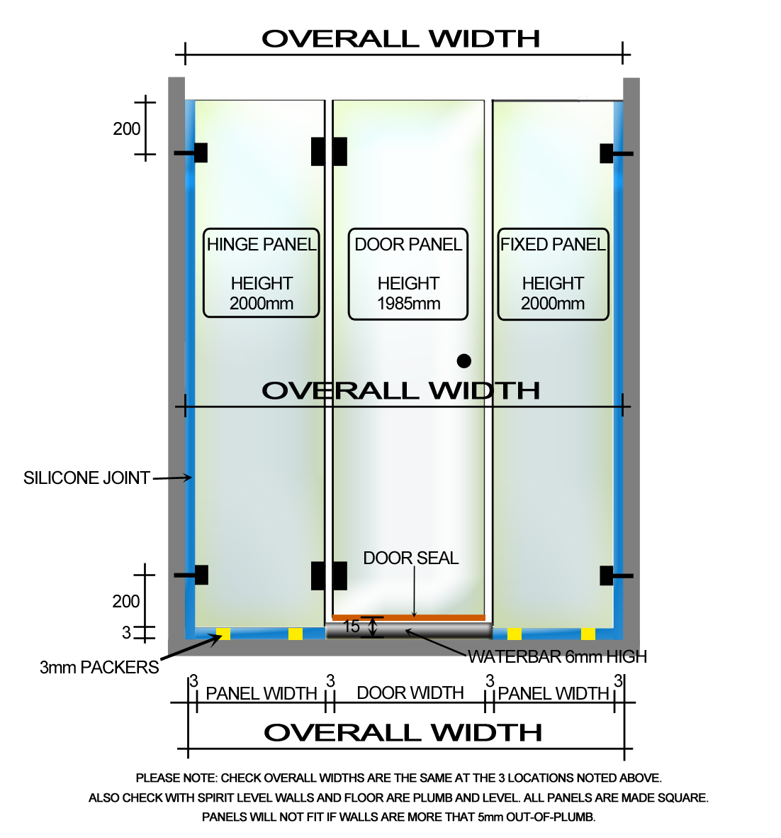3 x Panel Inline Screen – Hinge Panel + Door + Fixed Panel